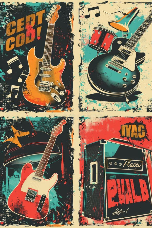 Vintage Music Poster Design Featuring Guitar and Drums for a Nostalgic ...