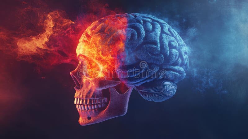 Conceptual Representation of Duality, Fire and Ice Skull with Brain ...