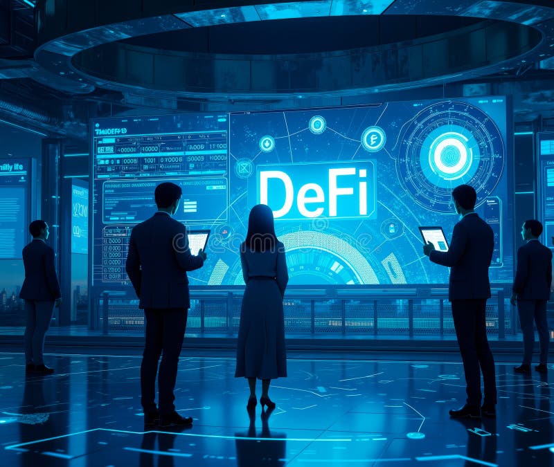 Conceptual Scene of People Using Holographic Interfaces for DeFi ...