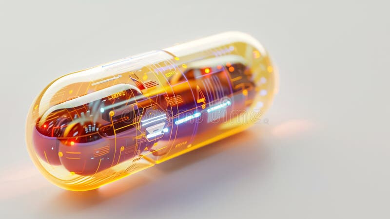 Conceptual Smart Capsule with Internal Circuitry and Glowing Elements ...