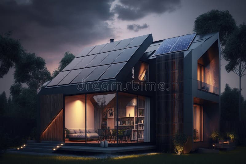 Conceptual Solar Panels on the House Throughout the Day and at Night ...