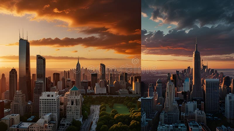 A Conceptual Split-image Showing a Cityscape during Day Vs. Sunset ...