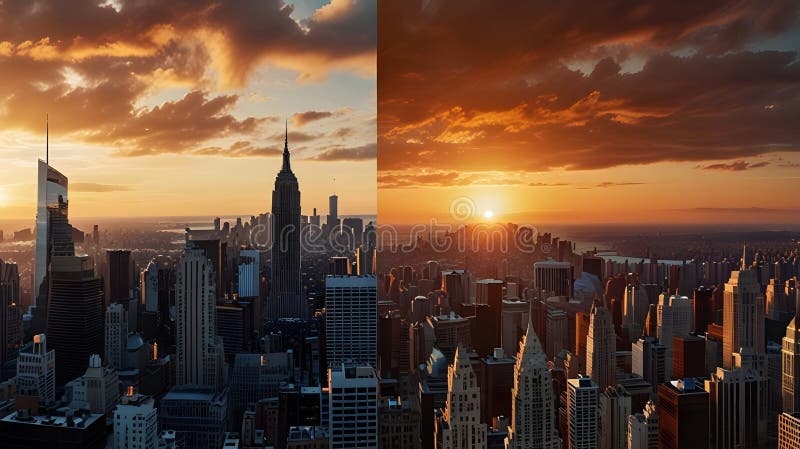 A Conceptual Split-image Showing a Cityscape during Day Vs. Sunset ...
