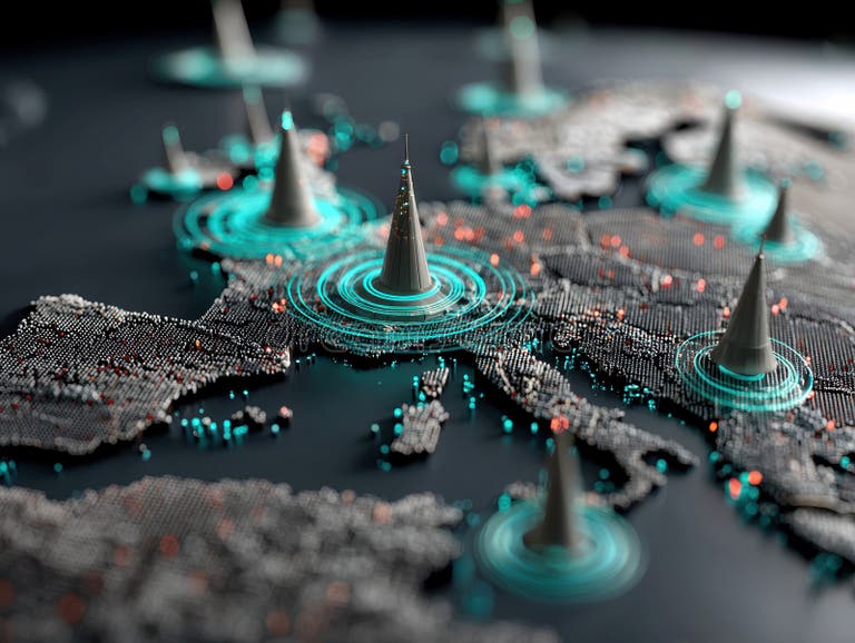 A Conceptual, Stylized Map Showcases Global Connectivity through Glowing Blue Circles and ...