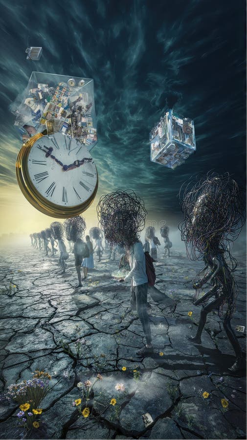 Conceptual Surreal Artwork Depicting Human Figures Walking Across a ...