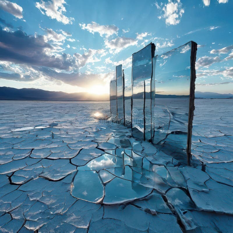 Surreal Glass Mirrors Reflecting Cracked Desert Landscape Stock Photo ...