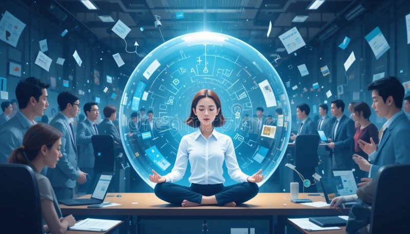 Calm Employee in Transparent Bubble Amid Busy Office Symbolizing Focus ...