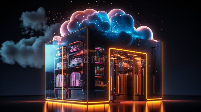 Conceptual Visualization of Cloud Computing with Neon Cloud Design and Server Rack Highlighting ...