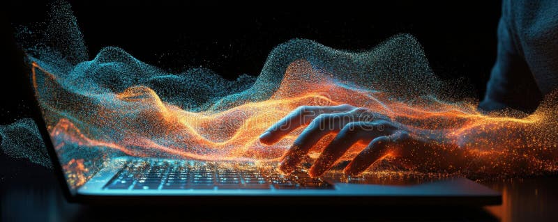 Hand Typing on Laptop with Vibrant Digital Waves Displayed Stock Photo ...