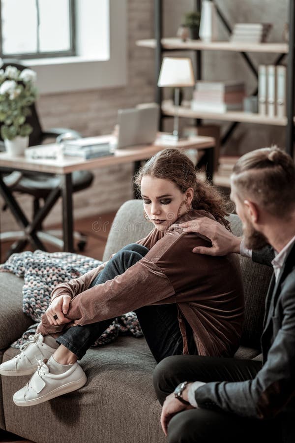 Concerned Father Touching Shoulder of His Depressed Daughter Stock ...