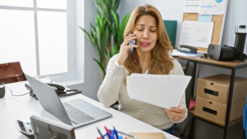 Concerned Hispanic Woman Multitasking in an Office Using Phone and Reading Document Stock Image ...