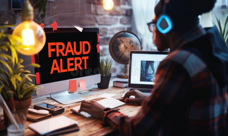 Concerned Individual Reviewing a FRAUD ALERT Notification on a Computer ...
