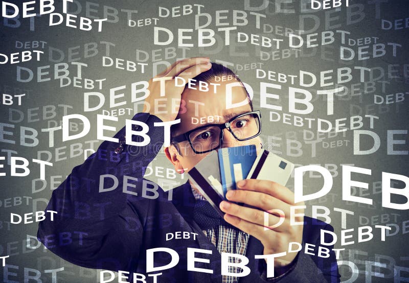 Young Man with Credit Card Having Debts Stock Photo - Image of crisis ...
