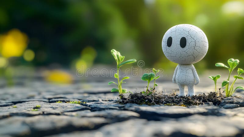 A Concerned White Stick Figure Looking at Small Plants on the Dry Soil ...