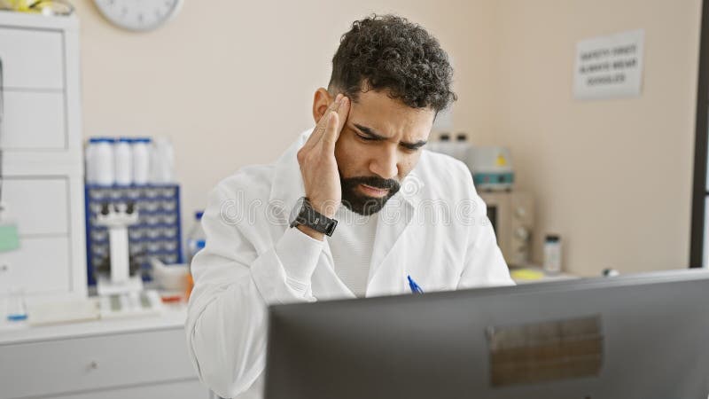 A Concerned Young Man in a White Lab Coat Studies a Computer Screen in ...