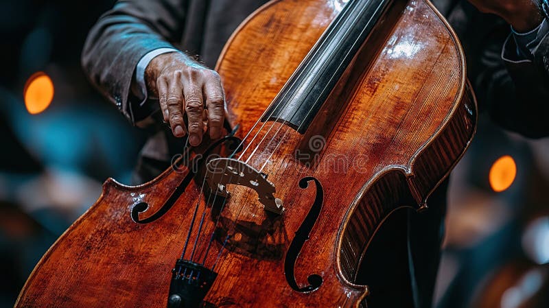 Concert Cello Player in Action on Stage, Blurred Orchestra in ...