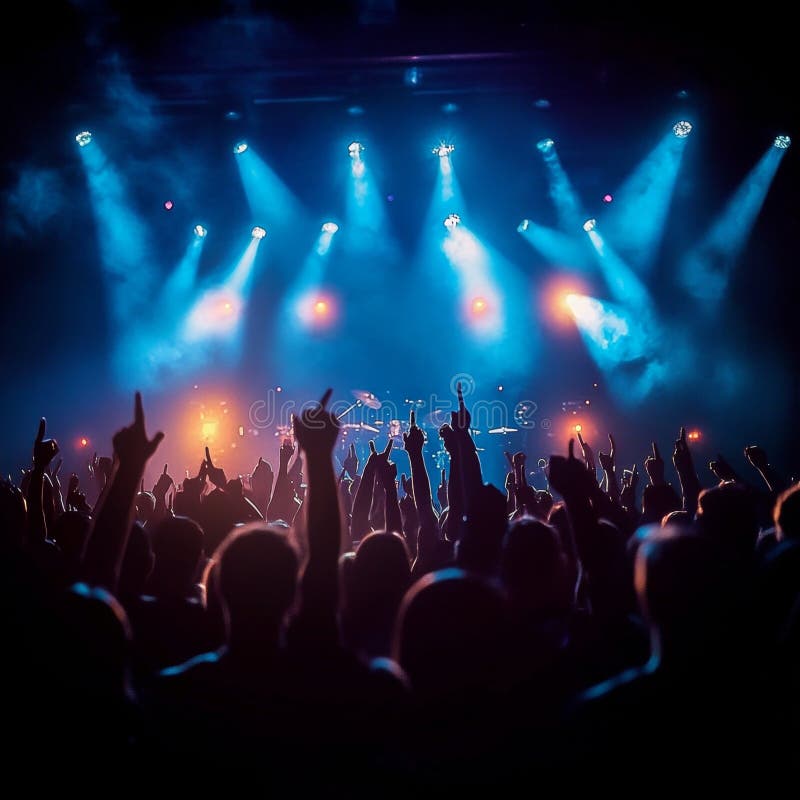 Concert Crowd. Fans with Raised Hands in Front of Bright Stage Lights ...