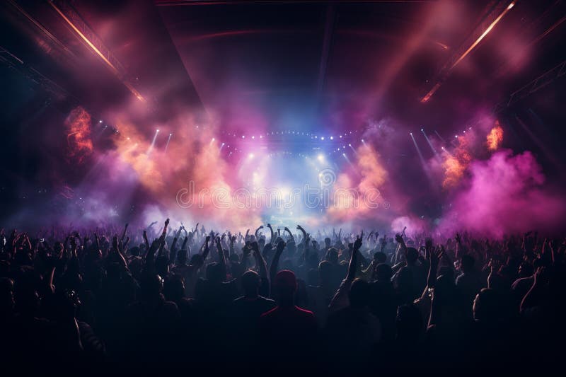 Concert Crowd in Front of a Bright Stage with Lights and Smoke Stock ...