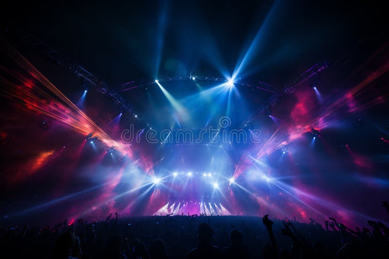 Concert Crowd in Front of a Bright Stage with Lights and Smoke Stock ...