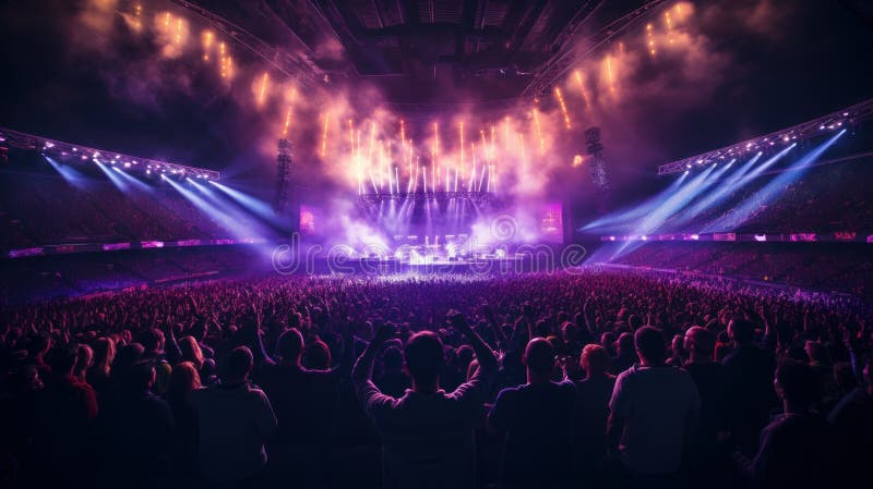 Concert Crowd in Front of a Bright Stage with Lights and Smoke Stock ...