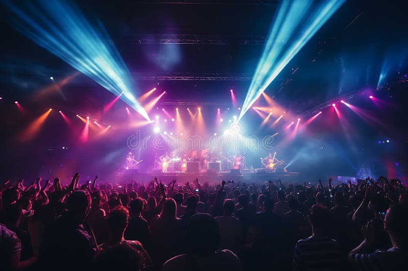 Concert Crowd in Front of a Bright Stage with Lights and Smoke Stock ...