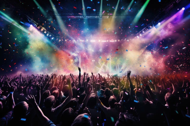 Concert Crowd in Front of a Bright Stage with Lights and Smoke, Concert ...