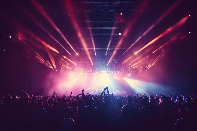 Concert Crowd in Front of a Bright Stage with Lights and Smoke, Concert ...