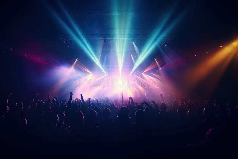 Concert Crowd in Front of a Bright Stage with Lights and Smoke, Concert ...