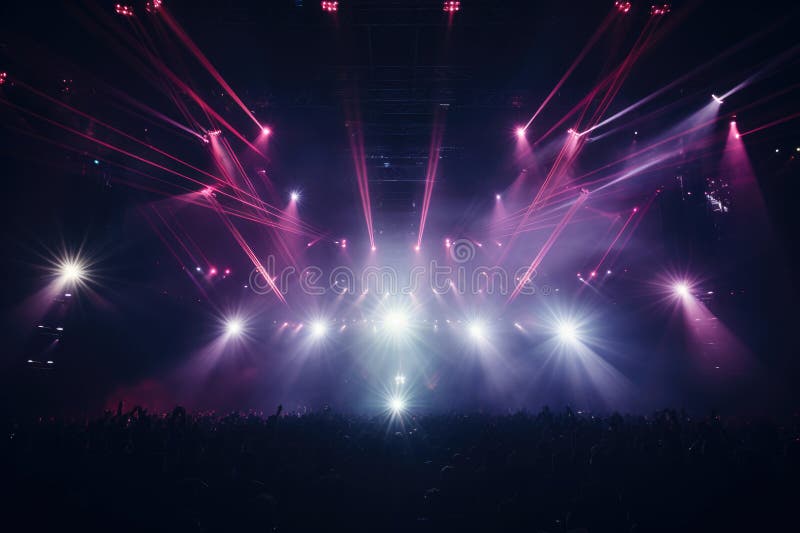 Concert Crowd in Front of Bright Stage in the Rays of Spotlights and ...