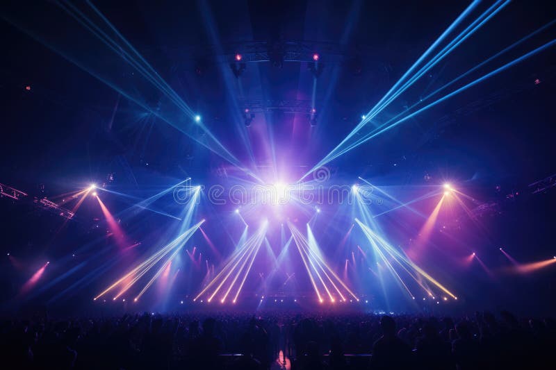 Concert Crowd in Front of Bright Stage in the Rays of Spotlights and ...