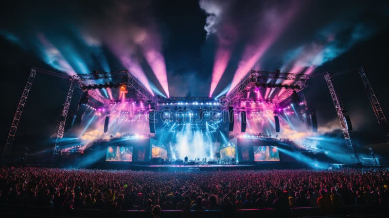 Concert Crowd in Front of a Large Stage with Bright Stage Lights Stock ...