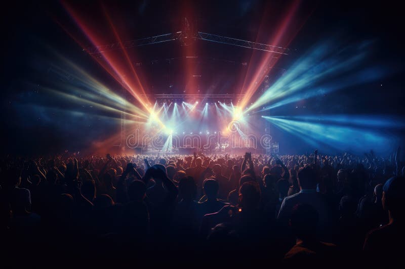 Concert Crowd in Front of a Stage with Lights and Smoke, Concert Crowd ...