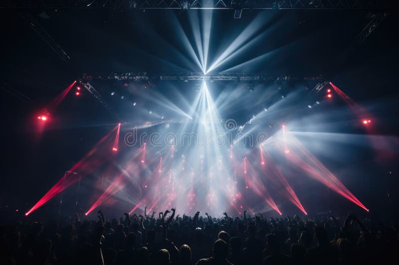 Concert Crowd in Front of the Stage in the Rays of Colored Spotlights ...