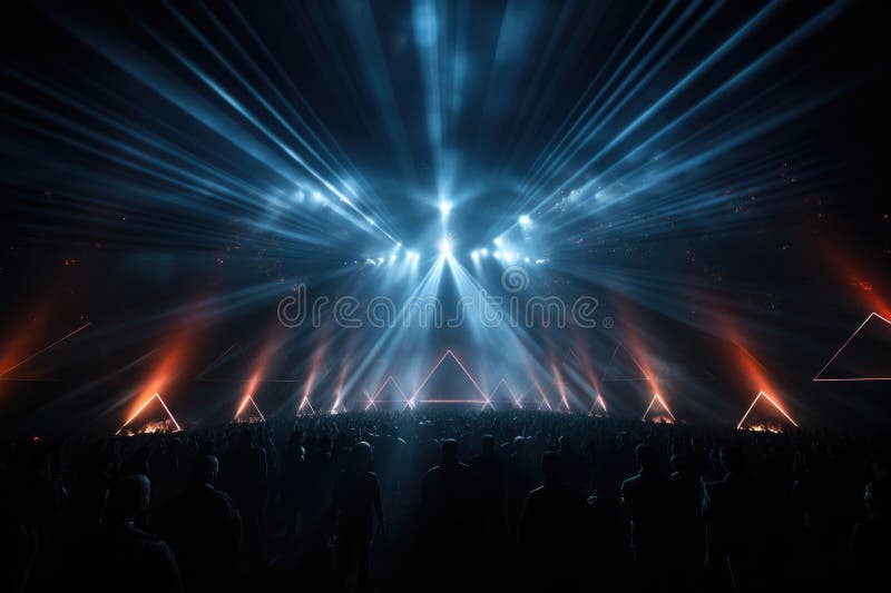 Concert Crowd in Front of the Stage in the Rays of Colored Spotlights ...
