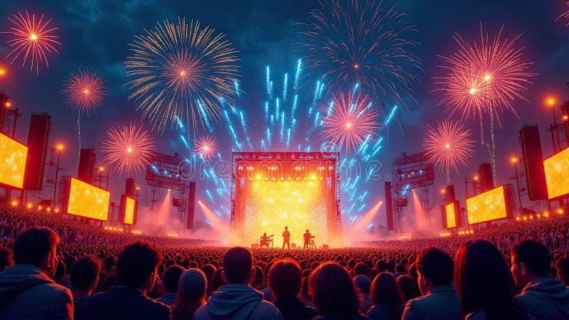 Concert Crowd Under Fireworks Stock Illustration - Illustration of ...