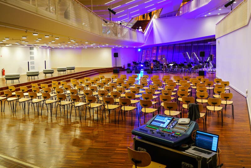 Concert Hall before Concert, Empty Chairs, Musical Instruments and ...
