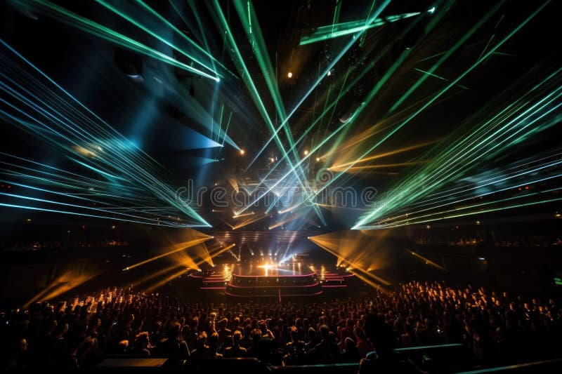 Concert Stage Filled with Visuals, Including Smoke and Lights, To Match ...