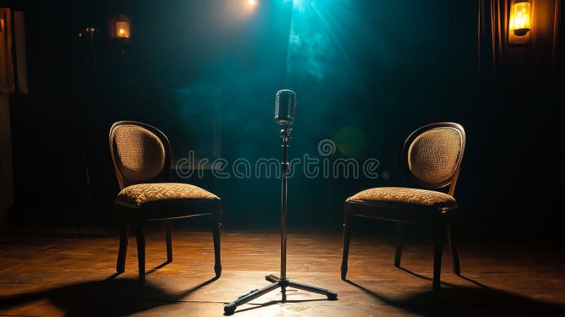 Concert Retro Microphone on Stage Under Spotlight. Performing a Stand ...