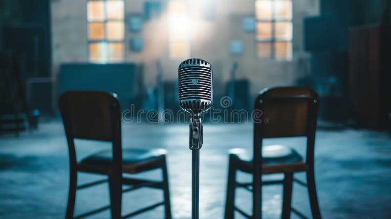 Concert Retro Microphone on Stage Under Spotlight. Performing a Stand ...