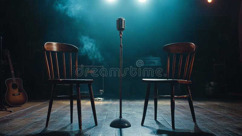 Concert Retro Microphone on Stage Under Spotlight. Performing a Stand ...