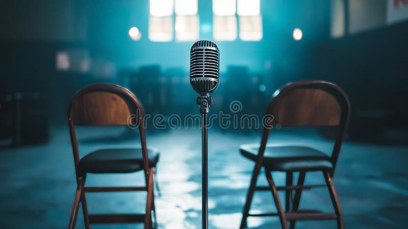 Concert Retro Microphone on Stage Under Spotlight. Performing a Stand ...
