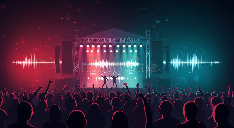 Concert Scene with a Lively Crowd Under Colorful Stage Lighting. Two ...