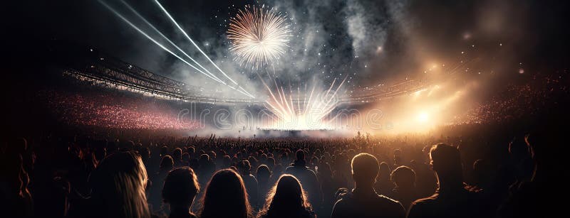 A Concert in a Stadium with Fireworks Illuminating the Sky and a Crowd ...