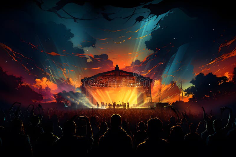 Concert Stage and Crowd in Front of it. Vector Illustration. Stock ...