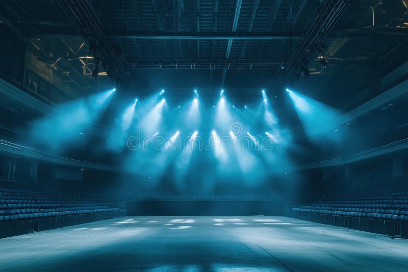 Concert Stage with Dramatic Lighting and Fog Effects, Empty Seating ...