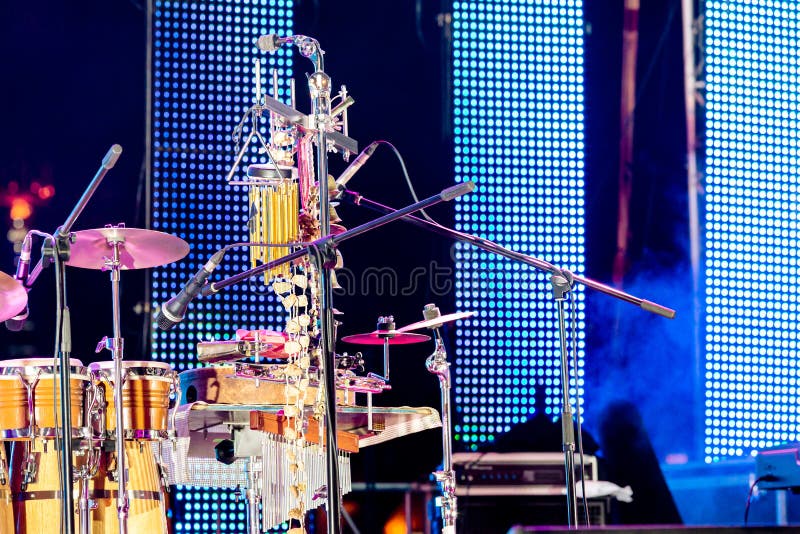 Concert Stage with Drum Kit and Lighting Equipment Stock Image - Image ...