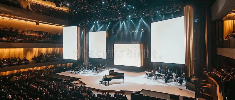 Concert Stage with Empty Screens and Grand Piano in Front of a Crowd ...
