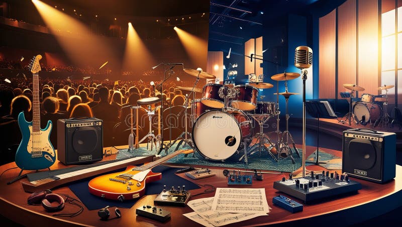 Concert Stage with Guitars, Drums, and Microphones in a Vibrant ...