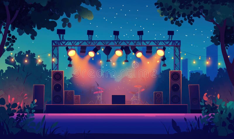 Concert Stage Illuminated by Lights, Surrounded by Trees and Stars ...
