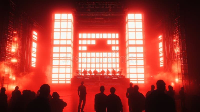 Concert Stage with Illuminated Red Panels and Crowd Silhouettes Stock ...